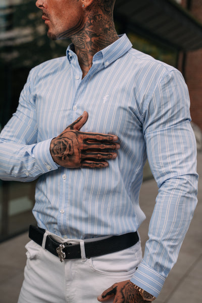 Classic Light Blue and White Woven Double Stripe Long Sleeve - FS975 ...