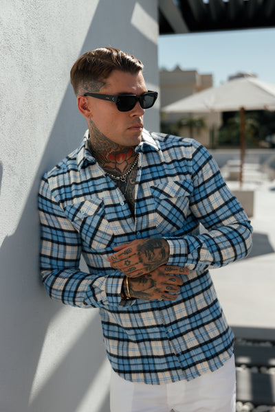 Light Blue Check Shacket With Double Pockets - FS1072 – Father Sons