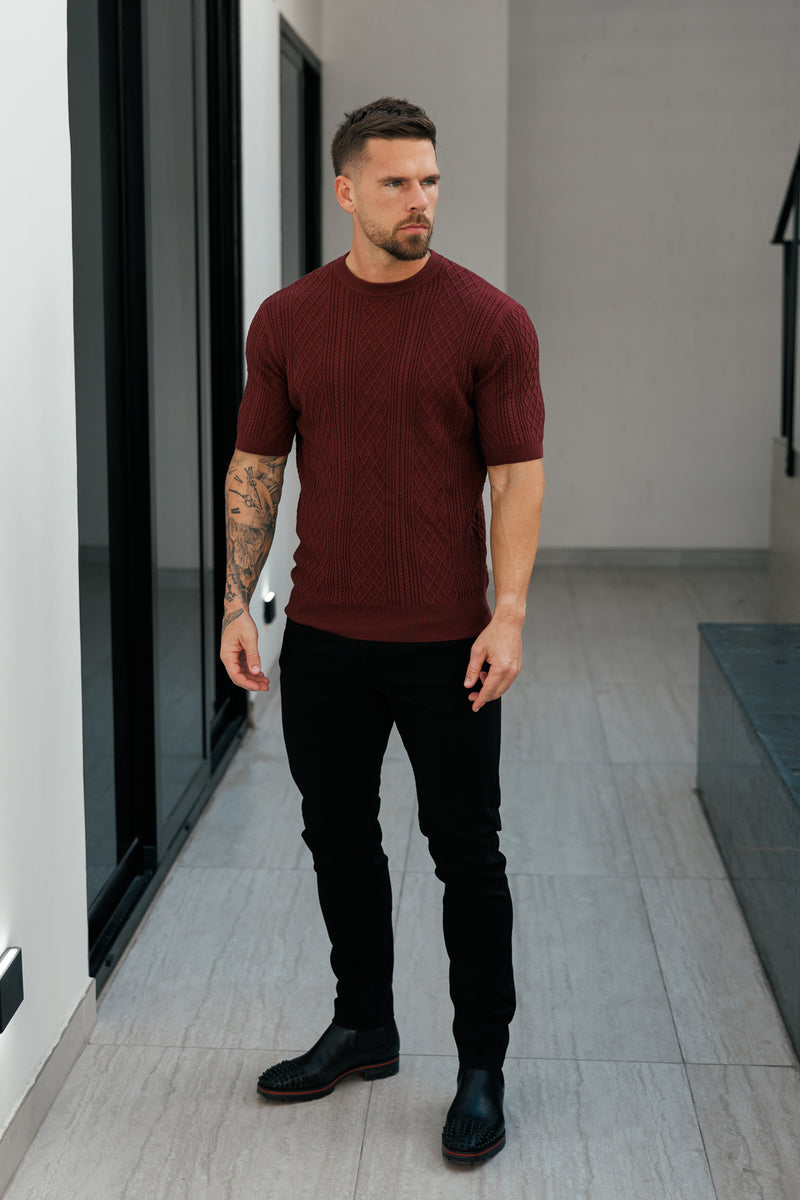 Father Sons Fine Knit Diamond Burgundy Jumper Short Sleeve - FSA012