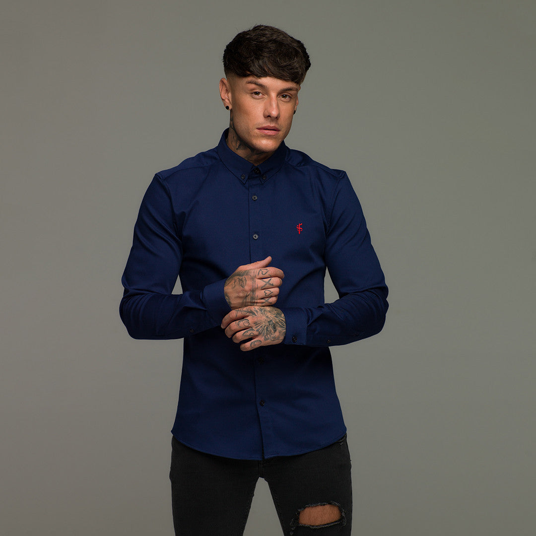 Super Slim Stretch Navy Denim Long Sleeve (Red Emblem) - FS207 – Father ...