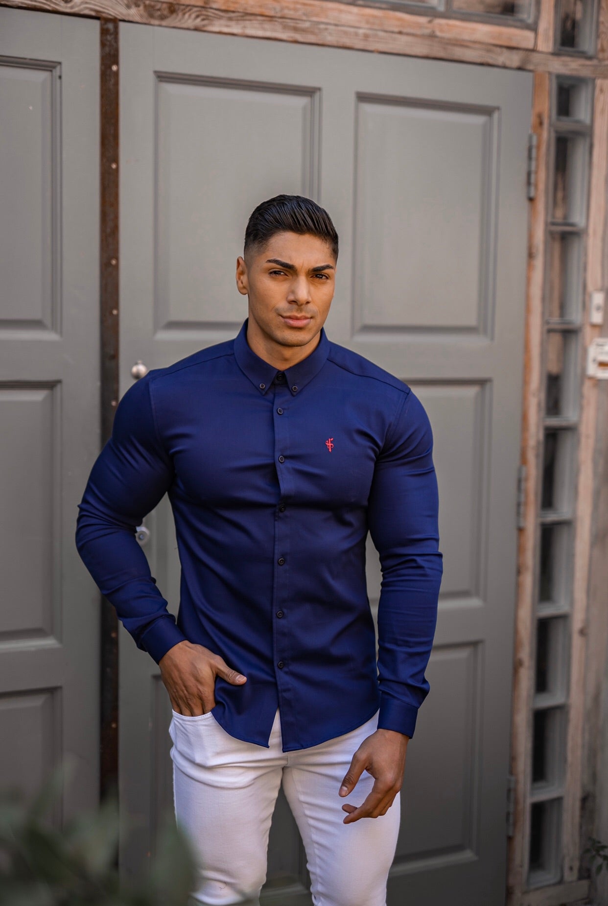 Super Slim Stretch Navy Denim Long Sleeve (Red Emblem) - FS207 – Father ...
