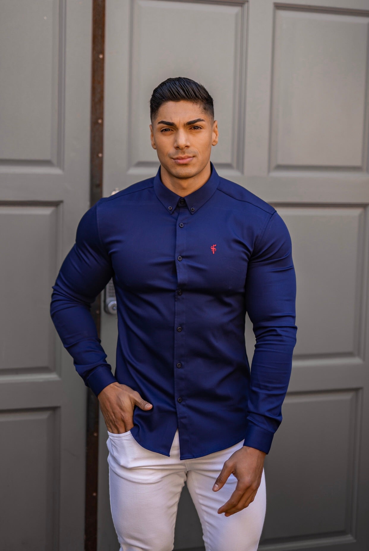 Super Slim Stretch Navy Denim Long Sleeve (Red Emblem) - FS207 – Father ...